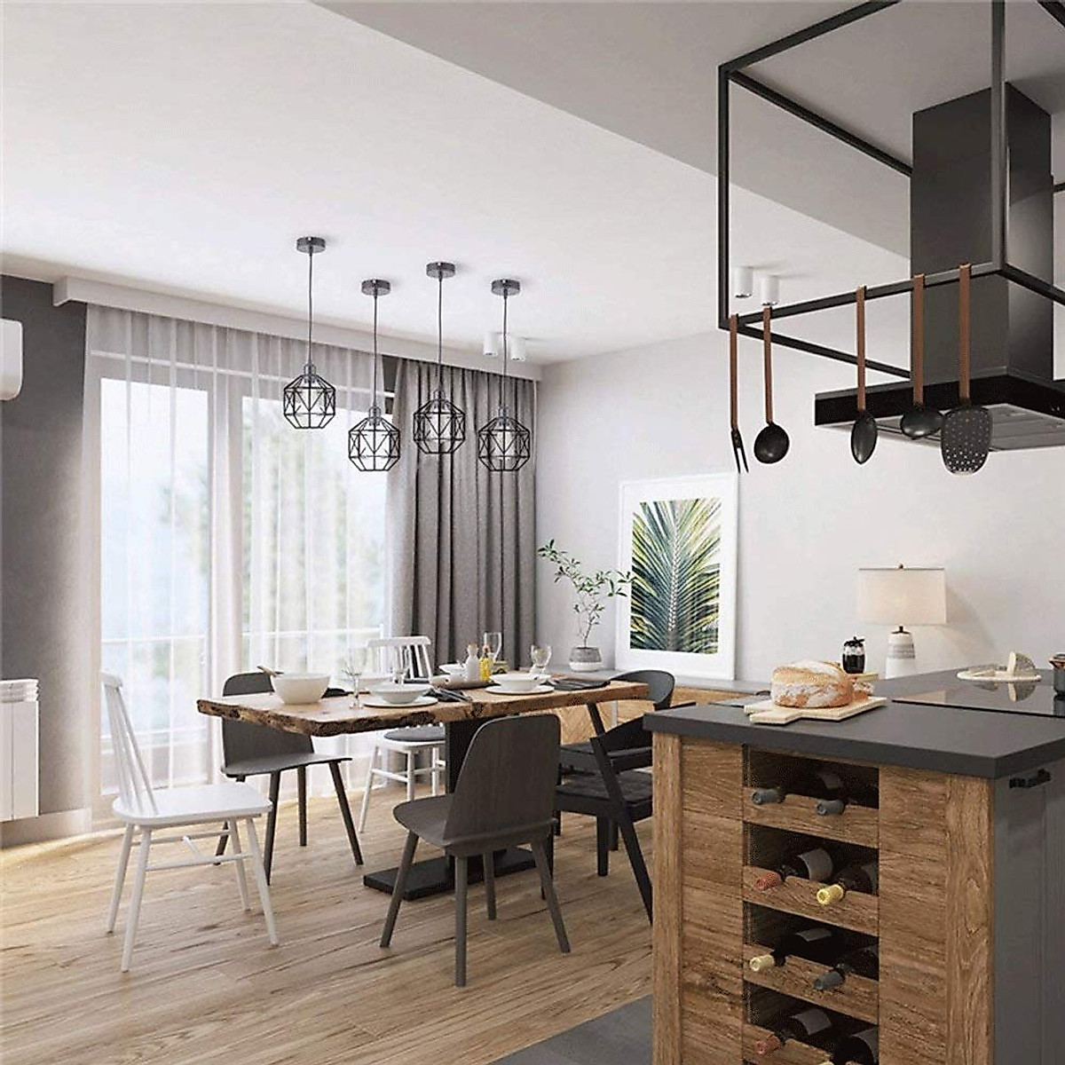 Simple Pendant Lamp Geometric Metal Wire Basket Cage Style Light Shade, Funky Retro Modern Industrial V-intage Look, Easy Fit AC 110V - 240V (Black) [Energy Class A+],Pendant