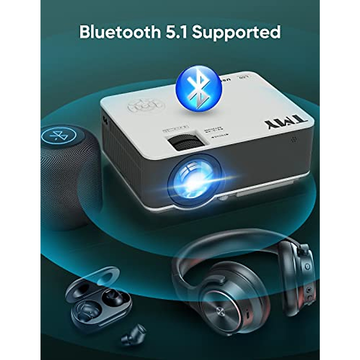 TMY Native 1080P Projector with 5G WiFi and Bluetooth 5.1, 320ANSI 4K Supported Mini Projector, Portable Projector Compatible with TV Stick/Phone/PC/DVD/HDMI/AV/USB/SD, Outdoor Movie Projector