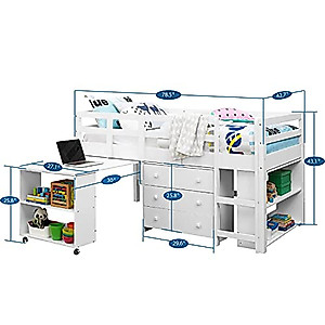 Naomi Home Twin Size Loft Bed with Desk Low Study Kids Twin Loft Bed with Storage Pine Wood Loft Bed for Kids Twin Loft Bed with Cabinet Ladder, Safety Guard Rails, Bookcase Shelf, Espresso