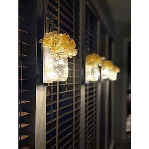 Emuardoe Mason Jar Wall Decor Rustic Wall Sconces Decorative 2 Packs LED Fairy Lights and Flowers Farmhouse Home Decor 6 Hours (Three meters, Khaki planks)