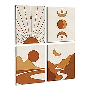 Creoate Boho Wall Art, 4 Pieces Mid Century Wall Art Sun Moon Boho Canvas Print Framed Set Artwork for Living Room Bedroom Wall Decor