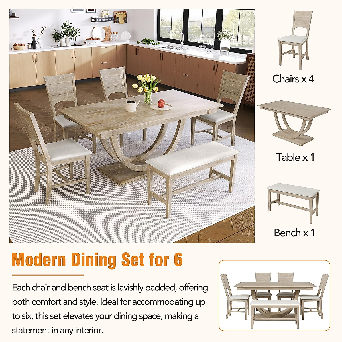 Wood Half Round Dining Table Set, Modern 6-Piece Kitchen Table Set with Long Bench and 4 Dining Chairs, Padded Chairs & Bench Set of 6, Half Round Legs Dining Table (Natural+beige,Half Round Legs)