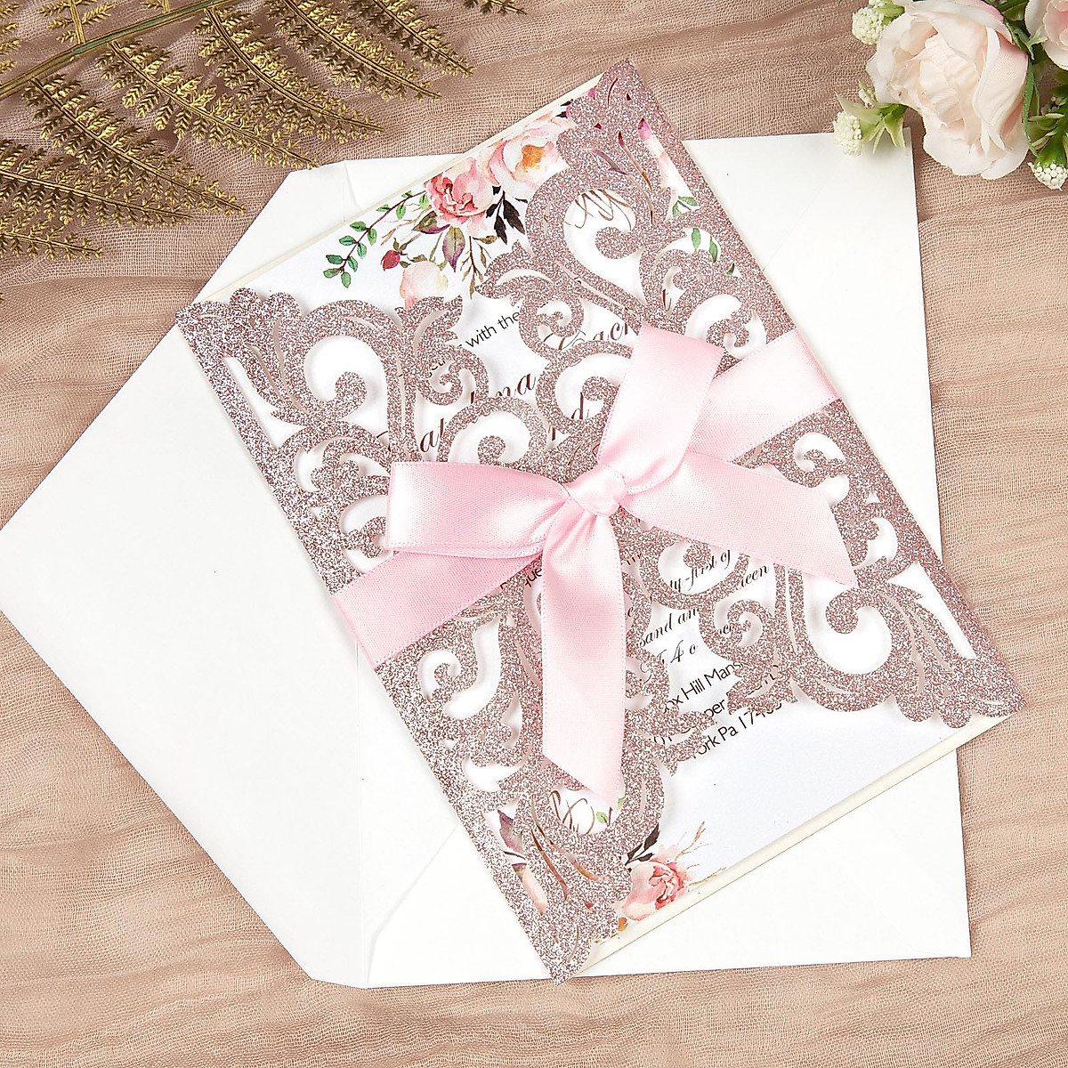 50PCS Wedding Invitation, Pink Laser Cut Invitations with Envelopes and RSVP Cards for Wedding Engagement Baby Bridal Shower Quinceanera Birthday Party Invites