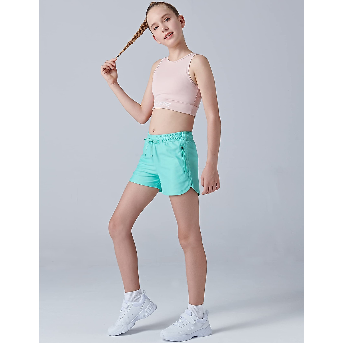 4 Pack Youth Girls Athletic Shorts 3", Girls Soccer Shorts, Kids Workout Gym Clothes Activewear Apparel with Zipper Pockets (Set 1, Small)