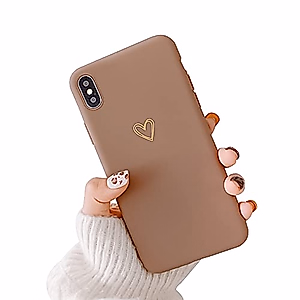 Ownest Compatible for iPhone X Case,iPhone Xs Case for Soft Liquid Silicone Gold Heart Pattern Slim Protective Shockproof Case for Women Girls for iPhone X/XS Case-Brown