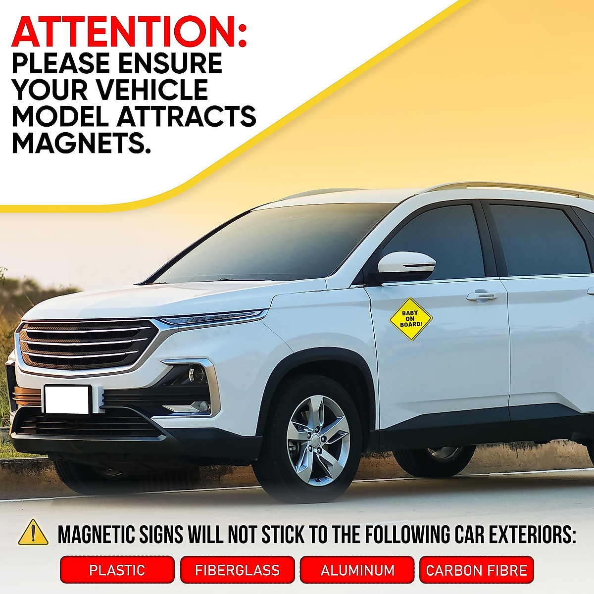 ASSURED SIGNS Baby On Board MAGNET for Car - 2 Pack, 5" by 5" - Essential Magnetic Sticker Sign for Bumper - Bright Yellow and Reflective - Best Safety Sign Accessories for Cars