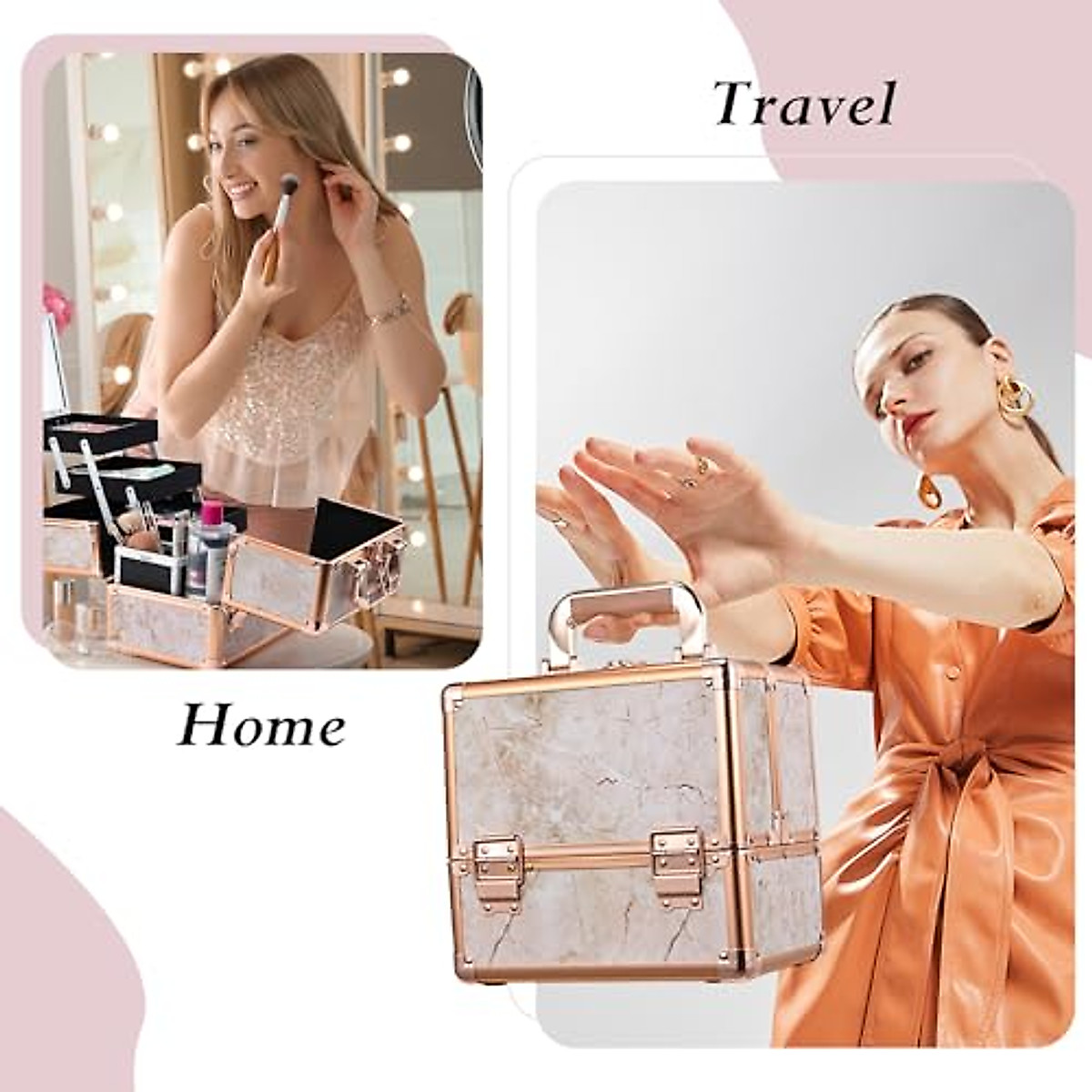 Costravio Makeup Train Case Rose Gold Cosmetic Box with Mirror & Brush Holder Home or Travel Organizer for Make-up and Jewelry Storage Box with 3-Tier Tackle Trays Portable Lockable Golden Marble