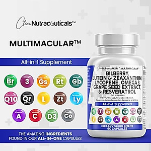 Eye Health Vitamins with Bilberry 6000mg Lutein & Zeaxanthin 40mg Lycopene 40mg Resveratrol 3000mg Grape Seed Extract 6000mg Omega 3 4000mg Astaxanthin - Eye Vitamin - 60 Capsules