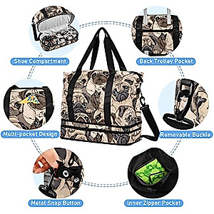 ALAZA Beige Pug Dog Art Gym Bag Sports Duffel Bag with Shoes Compartment, Overnight Weekender Travel Tote Bag for Women Men Trip College