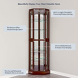 BELLEZE Lighted Corner Display Curio Cabinet Wooden Curved Shelving Unit with Tempered Glass Door, Bar and Liquor Storage Area with 6 Shelves - Ashfield (Walnut)