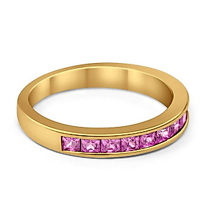 Blue Apple Co. Yellow Tone, Simulated Pink CZ Size-7 Half Eternity Band Wedding Engagement Ring Princess Cut Round Simulated Cubic Zirconia 925 Sterling Silver