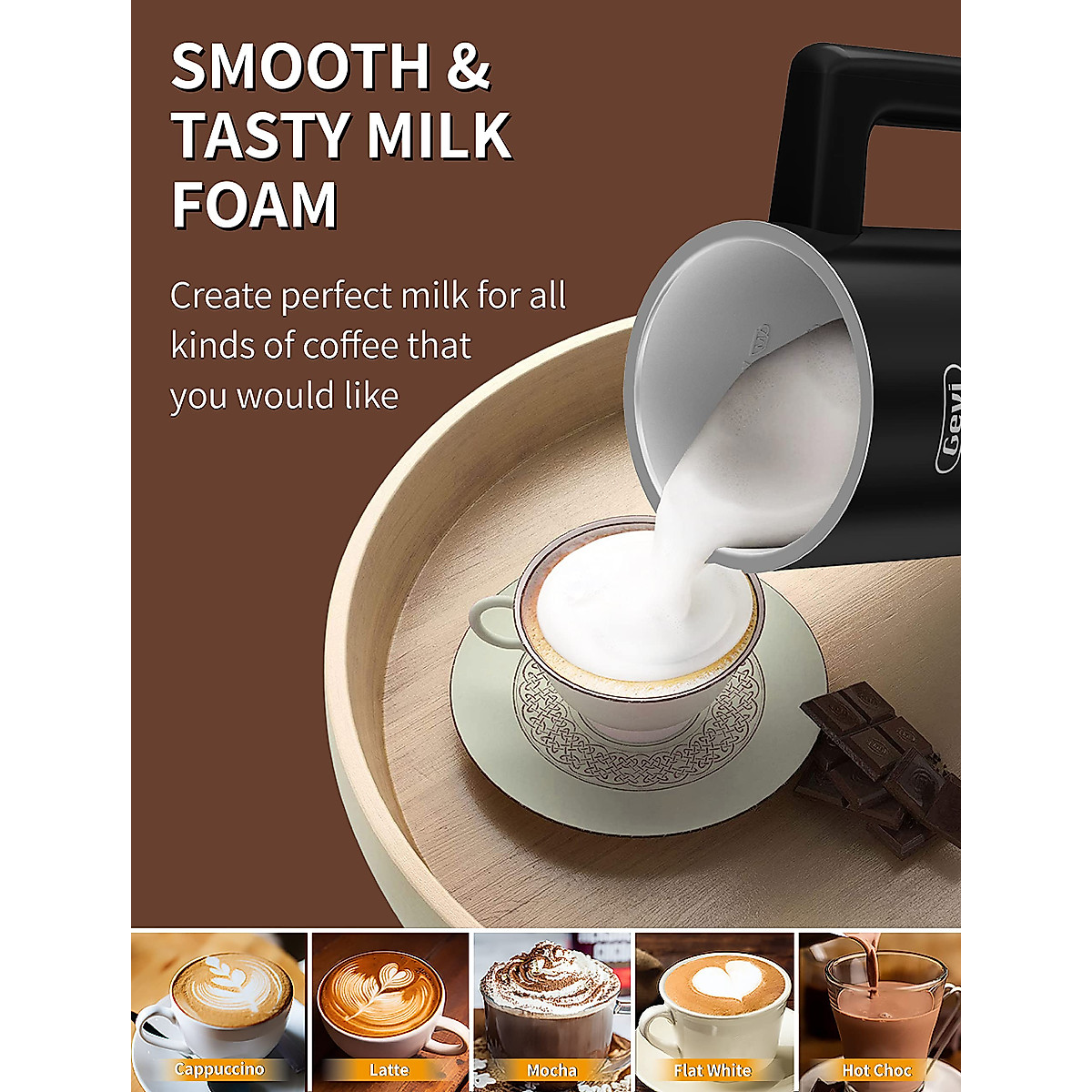 Gevi 4-in-1 Automatic Electric Milk Frother, Steamer & Warmer, 150ml, Black, Stainless Steel