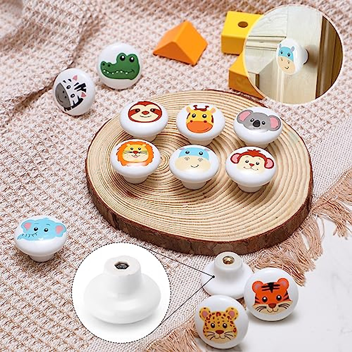 Tuitessine 12 Pack Assorted Safari Animals Drawer Knobs Funny Round Ceramic Dresser Knobs Cabinet Closet Cupboard Pulls Cute Wardrobe Handles Jungle Decor for Nursery Kitchen Bathroom Bedroom