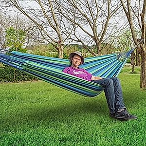 ONCLOUD Extra Long and Wide Double Hammock for Travel Camping Backyard, Porch, Outdoor or Indoor Use, Carrying Pouch Included (Blue/Green Stripes)