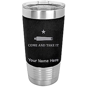 LaserGram 20oz Vacuum Insulated Tumbler Mug, Texas Come and Take It Flag, Personalized Engraving Included (Faux Leather, Black)