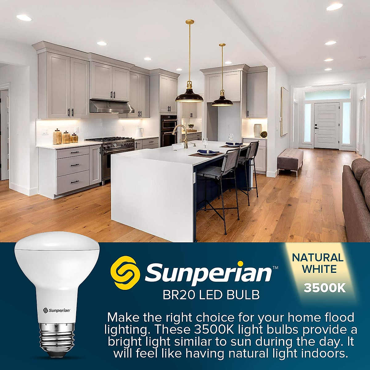 SUNPERIAN BR20 LED Bulb, 6W=50W, 3500K Natural White, 550 Lumens, Dimmable Flood Light Bulbs for Recessed Cans, Enclosed Fixture Rated, Damp Rated, UL Listed, E26 Standard Base (4 Pack)