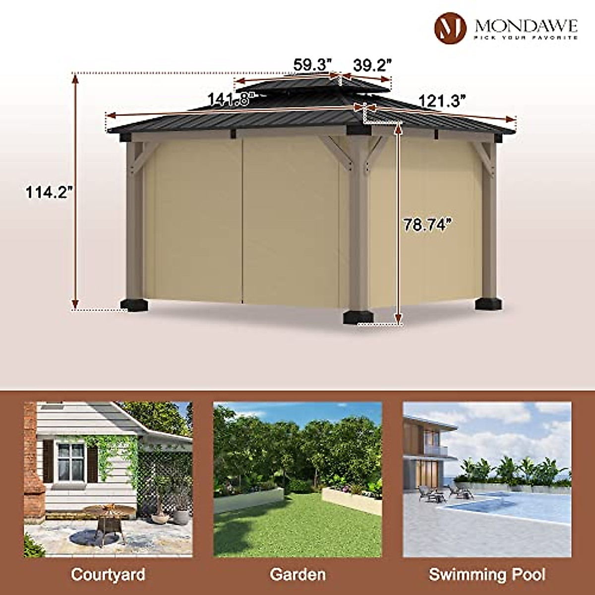 MONDAWE Cedar Wood 10x12Ft Hardtop Gazebo with Curtains, Rectangular Outdoor Permanent Gazebo Pergola with Galvanized Steel Double Roof Pavilion for Patio Lawn Garden