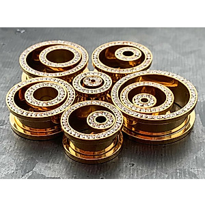 Lobal Domination PAIR of CZ Gem Rimmed Gold Ion Plated Tunnels Plugs Pierced Earlets Gauges (1" (25mm))