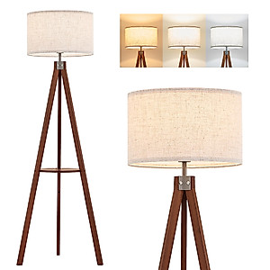ELYONA Tripod Floor Lamp with Table, Rubber Wood Tall Standing Light, Mid Century Modern Corner Shelf Reading Floor Lamp with Drum Shade for Living Room, Bedroom, Office, LED Bulb Included, Brown