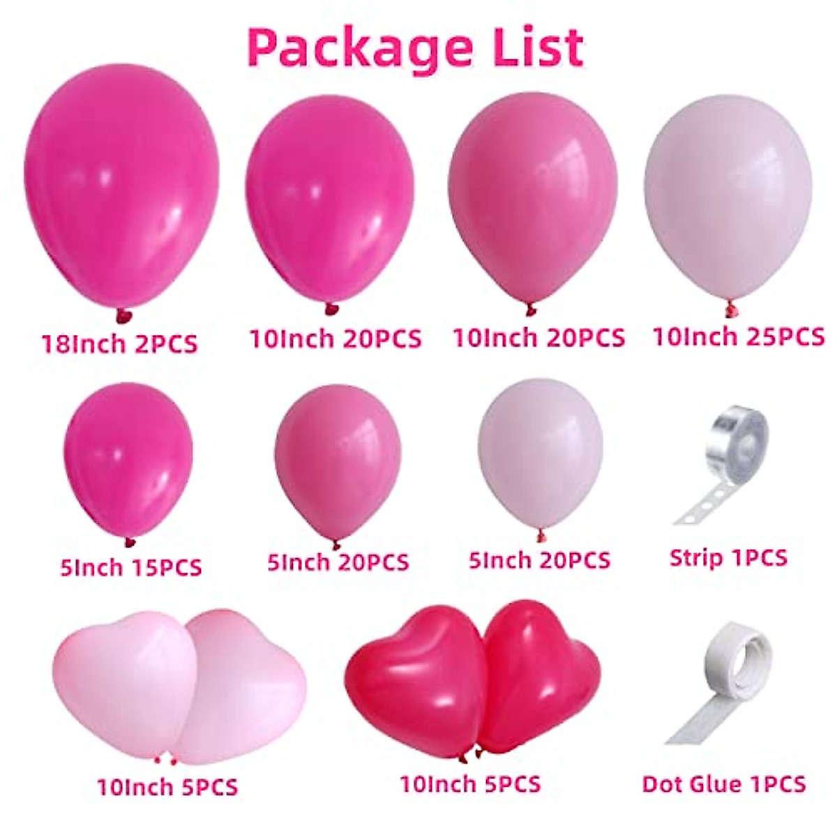 Pink Balloon Garland Arch Kit, 132PCS Hot Light Rose Pink Balloons with Heart Shape for Barbie Princess Theme Birthday Girl's Party Decorations Supplies Bridal Shower Baby shower Engagement Bachelorette Wedding Decor Backdrop(Pink)