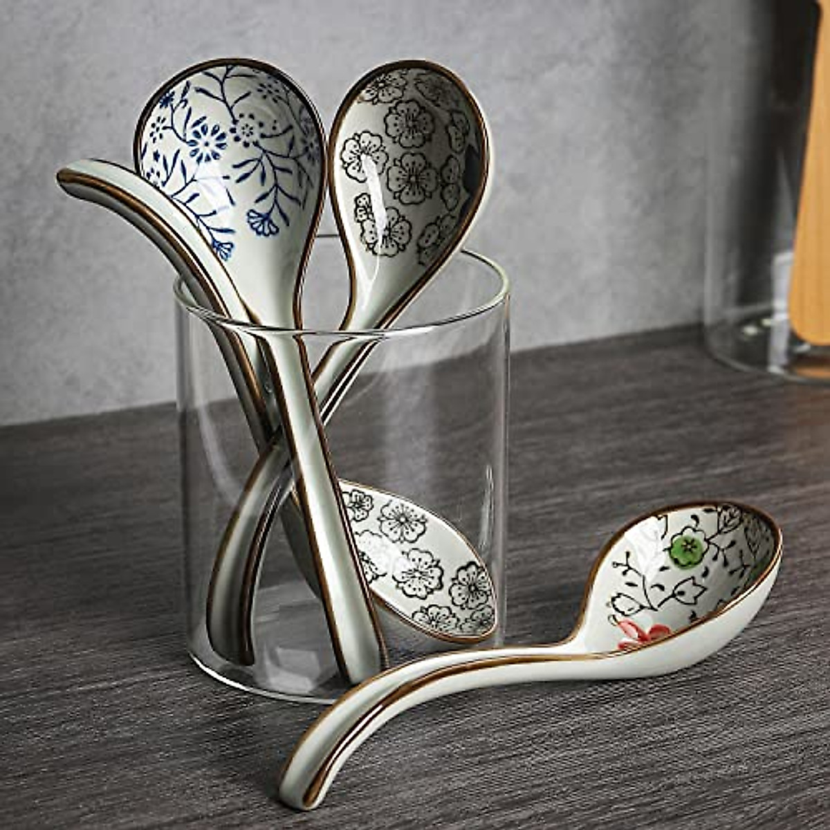 Ceramic Soup Spoons Set of 4 Porcelain Japanese Soup Spoon Long Handle Asian Soup Spoon Sets for Pho Ramen Noodles Wonton Dumpling Rice (Model 2#)