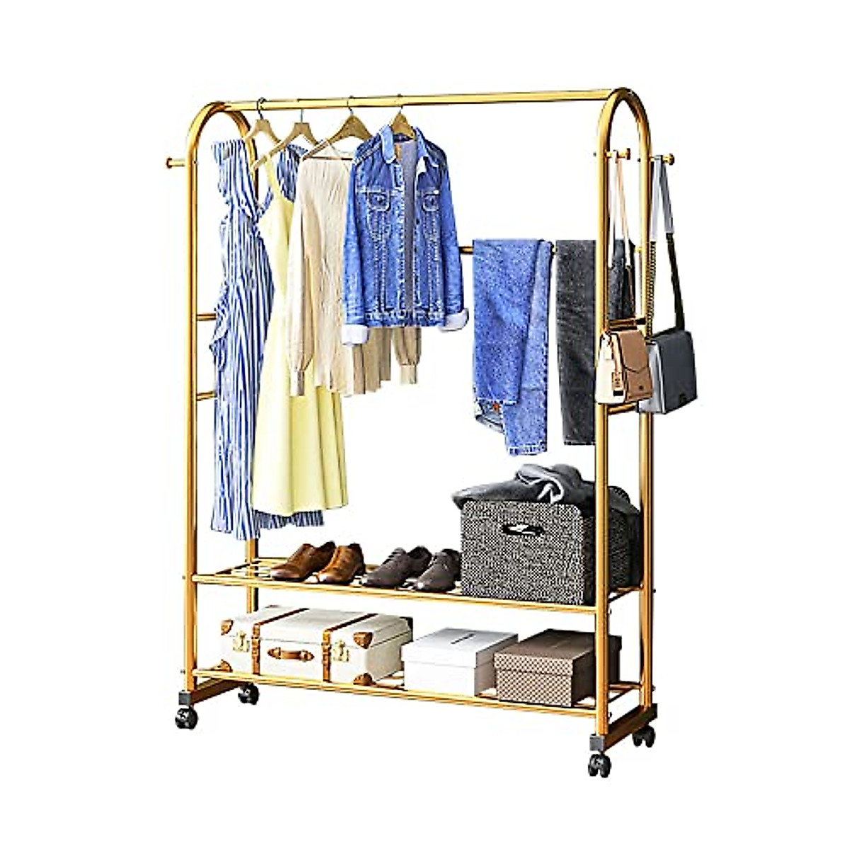 DSIOHFEI Metal Garment Rack Clothing Hanging Rack Free Standing Clothing Hanger with Top Rod,Lower Storage Shelves for Home Bedroom Laundry (Golden)