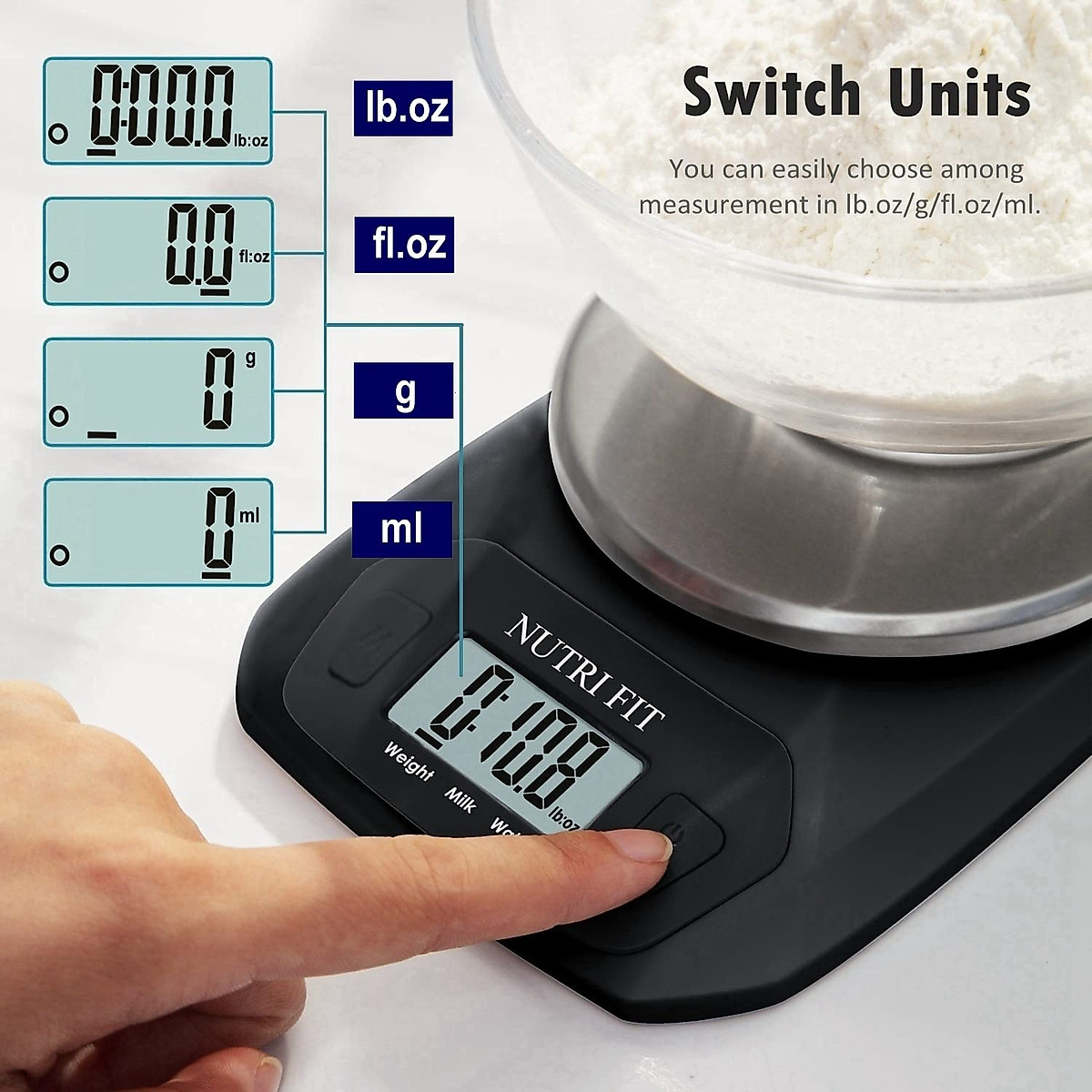 NUTRI FIT Digital Food Scale Small Kitchen Scales Weight in Grams and OZ for Cooking Baking Weight Loss, Stainless Steel Tare & Backlit LCD Display, Black