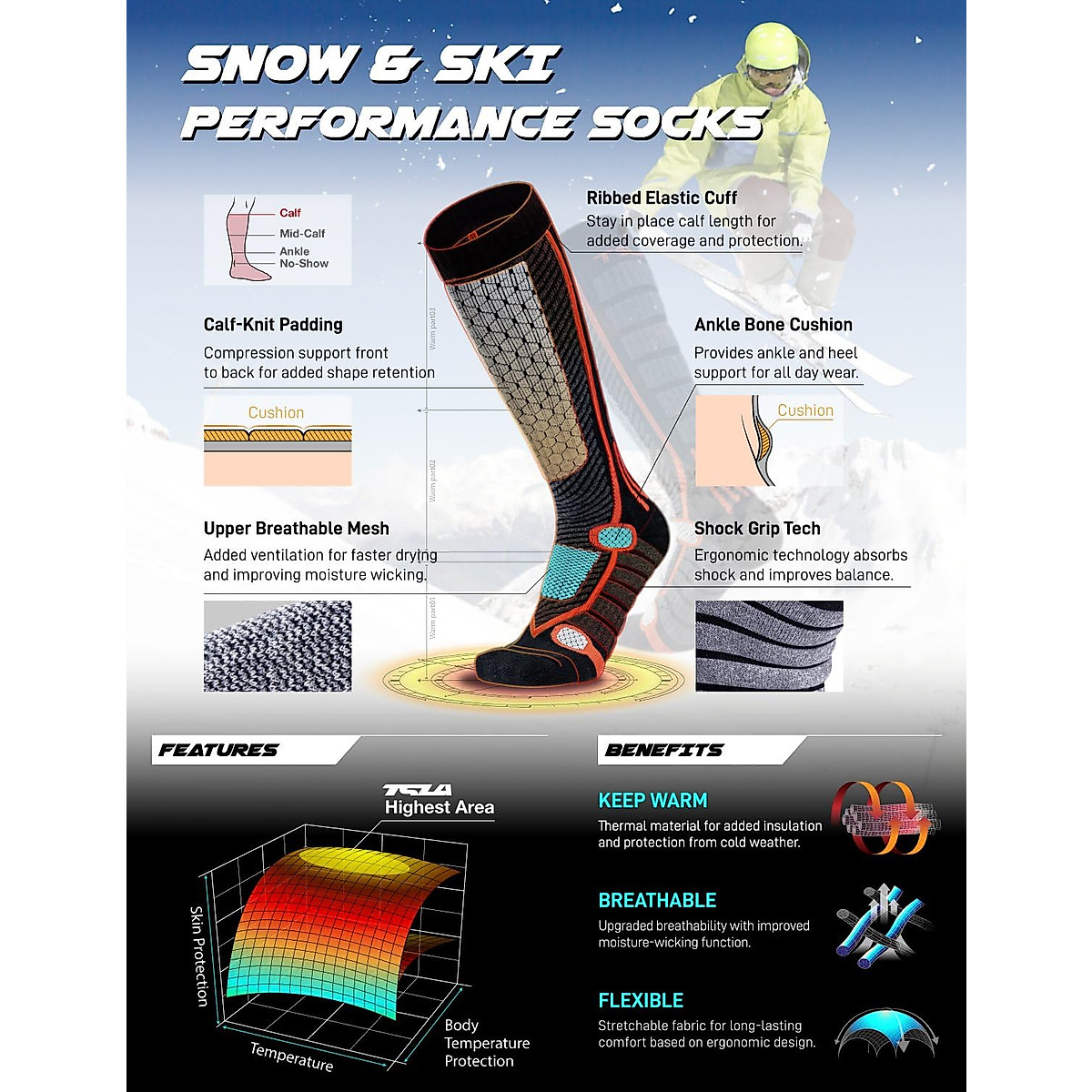 TSLA Men and Women Winter Ski Socks, Calf Compression Snowboard Socks, Warm Thermal Socks for Cold Weather, 2pairs Black/Black &amp; Orange, Medium