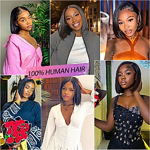 Starmo Bob Wig Human Hair 13x4 HD Lace Front Wigs Lace Frontal Short Straight Bob Wigs with Baby Hair Pre Plucked Glueless Natural Hairline 150% Density Natural Black 12 Inch