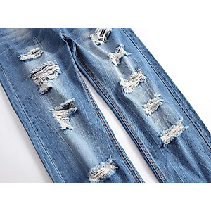 DANT BULUN Men's Ripped Distressed Destroyed Slim Fit Straight Leg Denim Jeans(W34,Blue)