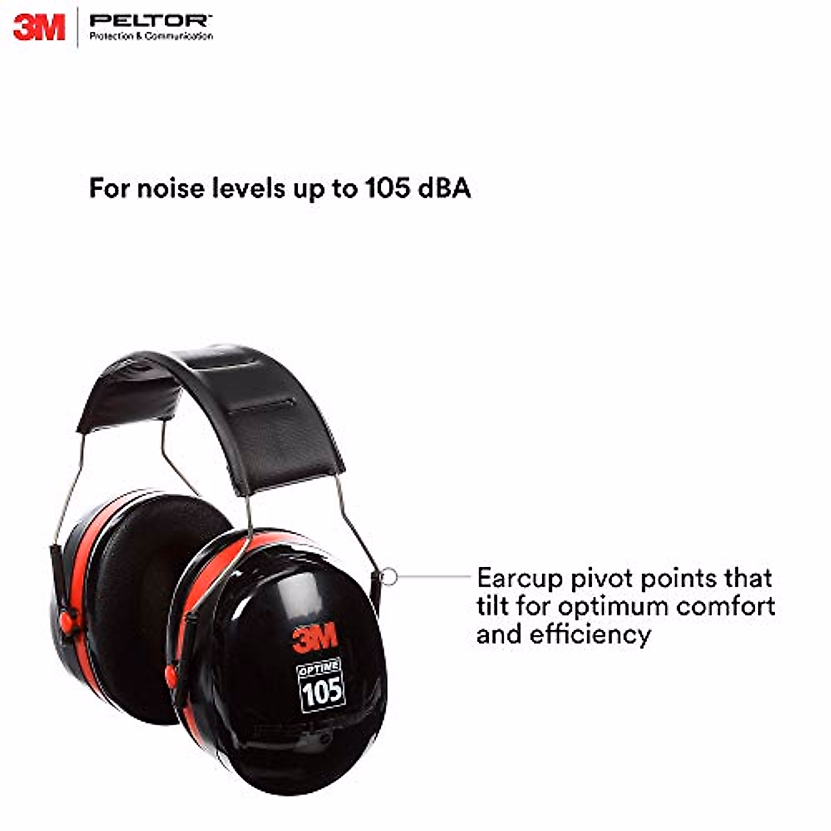 3M PELTOR Optime 105 Earmuffs H10A, Over-the-Head, Black/Red