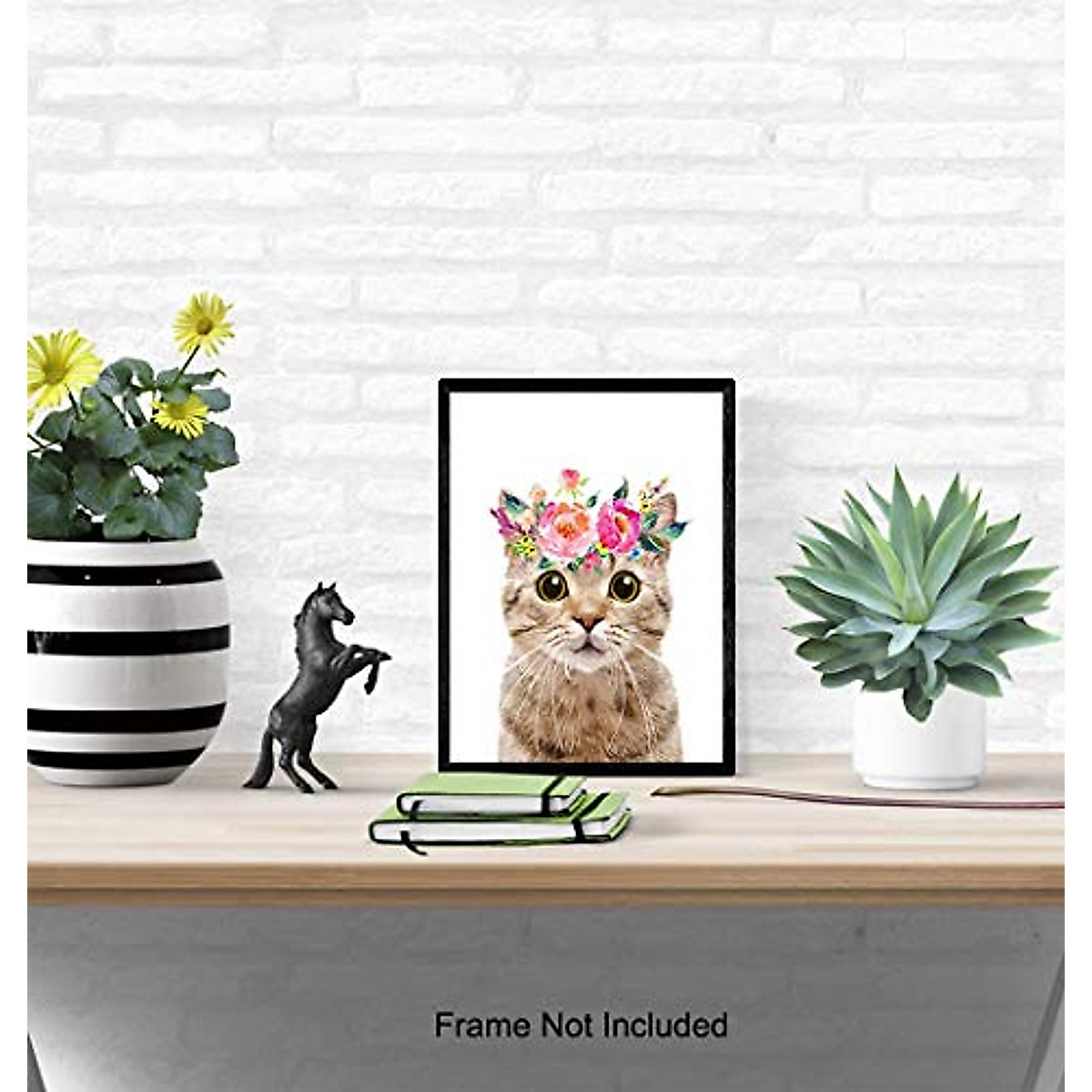 Tabby Cat Wall Decor - Cute Floral Wall Art, Room Decoration for Girls Bedroom, Kids Room, Living Room, Nursery - Gift for Kitty, Pussycat, Kitten, Cat Lovers, Women - Adorable Pink Girly Print