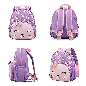 KK CRAFTS Toddler Backpack, Waterproof Preschool Backpack, 3D Cute Cartoon Neoprene Animal Schoolbag for Kids, Lunch Box Carry Bag for Boys Girls,Purple Cat