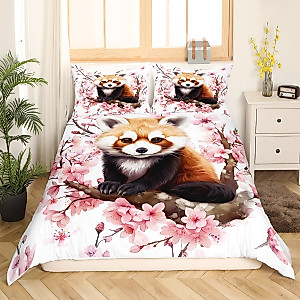 Manfei Red Panda Kawaii Bedding Set Twin Size,Pink Cherry Blossom Spring Blooming Floral Duvet Cover with 1 Pillow Comforter Cover(No Filler) for Kids,Cute Wild Animal Nature Quilt Cover Set 2 Pcs