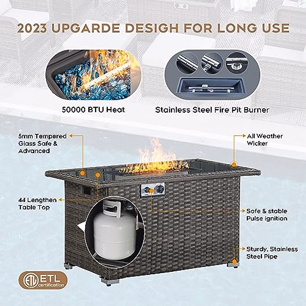 Yechen 9 Pieces Outdoor Patio Furniture, PE Rattan Wicker Conversation Set with 44" 55000BTU Fire Pit Table Sectional Sofa Sets, Patio Conversation Sets for Yard, Pool, Beige