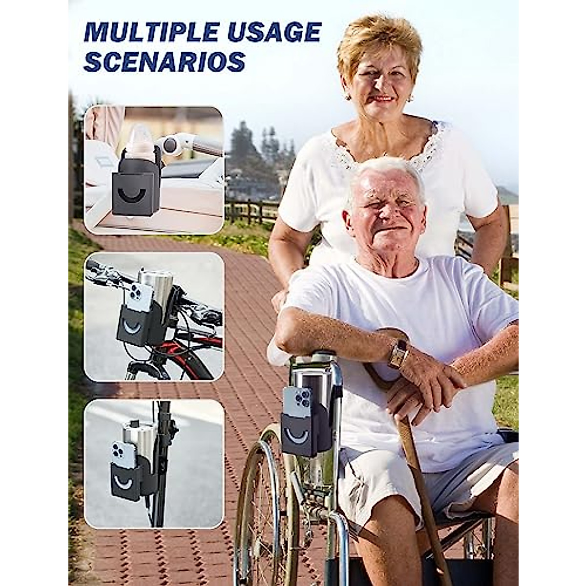 JOYTUTUS Cup Holder for Wheelchair, 2 in 1 Water Bottle Holder and Phone Bracket, Universal Drink Cup Holder for Walker, Rollator, Stroller, Scooter