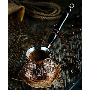 DEMMEX Thickest Copper Turkish Greek Arabic Coffee Pot Engraved Stovetop Coffee Maker Cezve Ibrik Briki with Wooden Handle & Wooden Spoon, for 3 People (Copper)