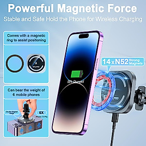 OHLPRO Magnetic Car Wireless Charger for MagSafe Car Mount iPhone 15/14/13/12 Series,Phone Holder Adjustable Telescoping Arm [Military-Grade Suction & Stable Clip] Car Dashboard Windshield Vent