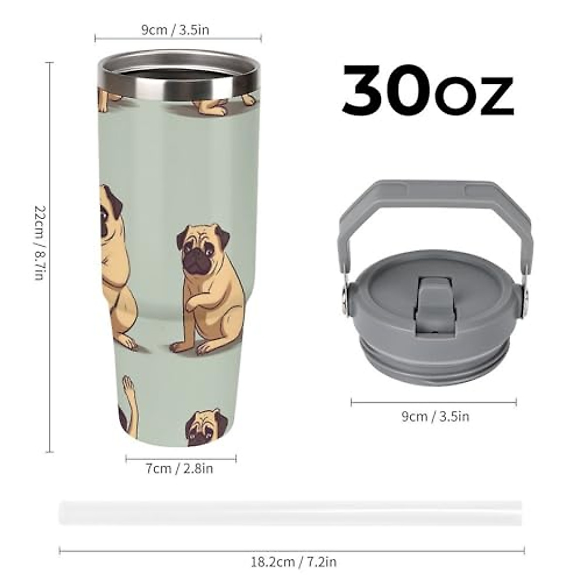 YTLKGFP 30 Oz Large Capacity Car Cup Yoga Pug Tumbler with Handle Straw Lid Insulated Stainless Steel Water Bottle Travel Mug Leak-proof Car Cup Keeps Cold Or Hot