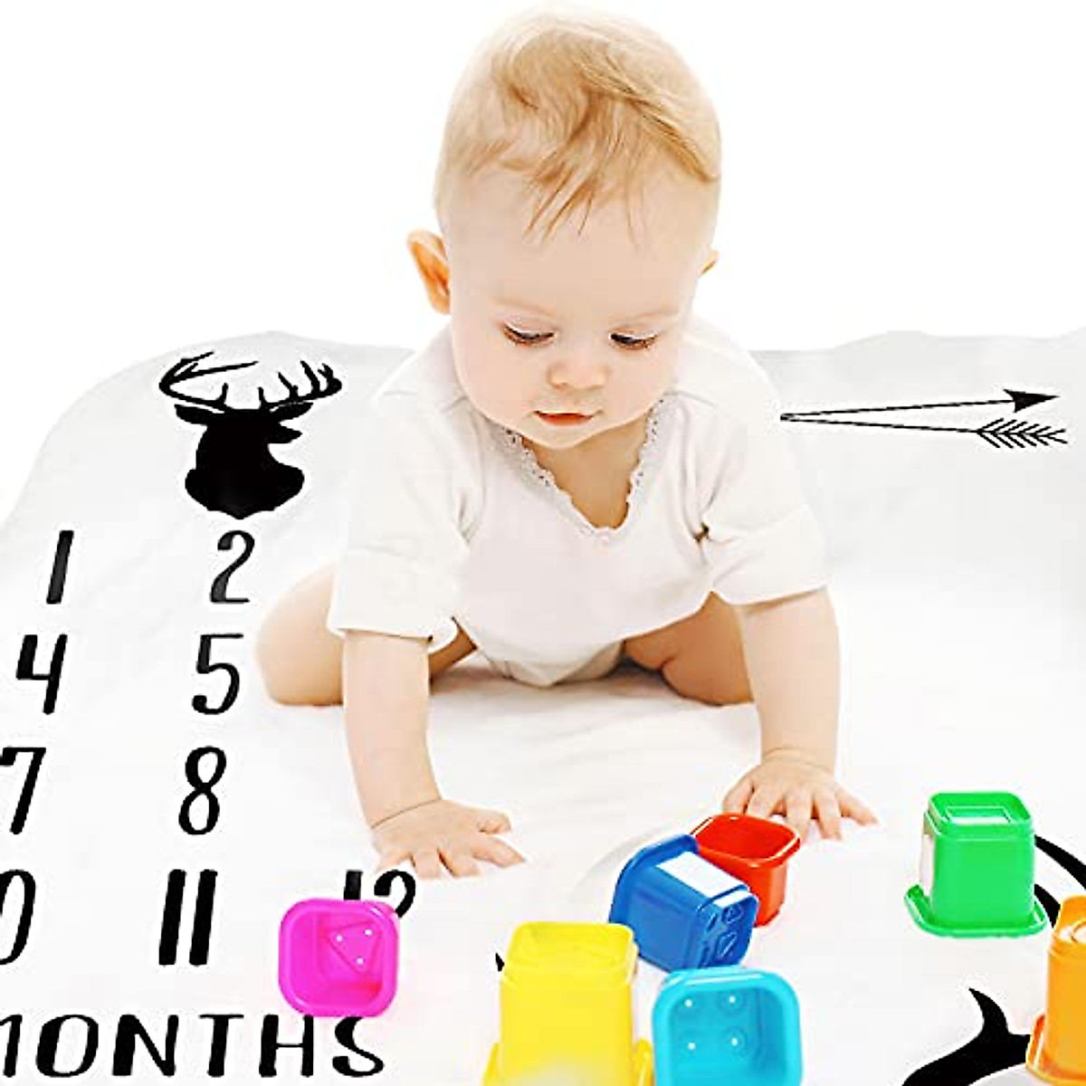 Tebaby Baby Monthly Milestone Blanket Boy - Deer Newborn Month Blanket Neutral Personalized Shower Gift Woodland Nursery Decor Photography Background Prop with Frame Large 51''x40''