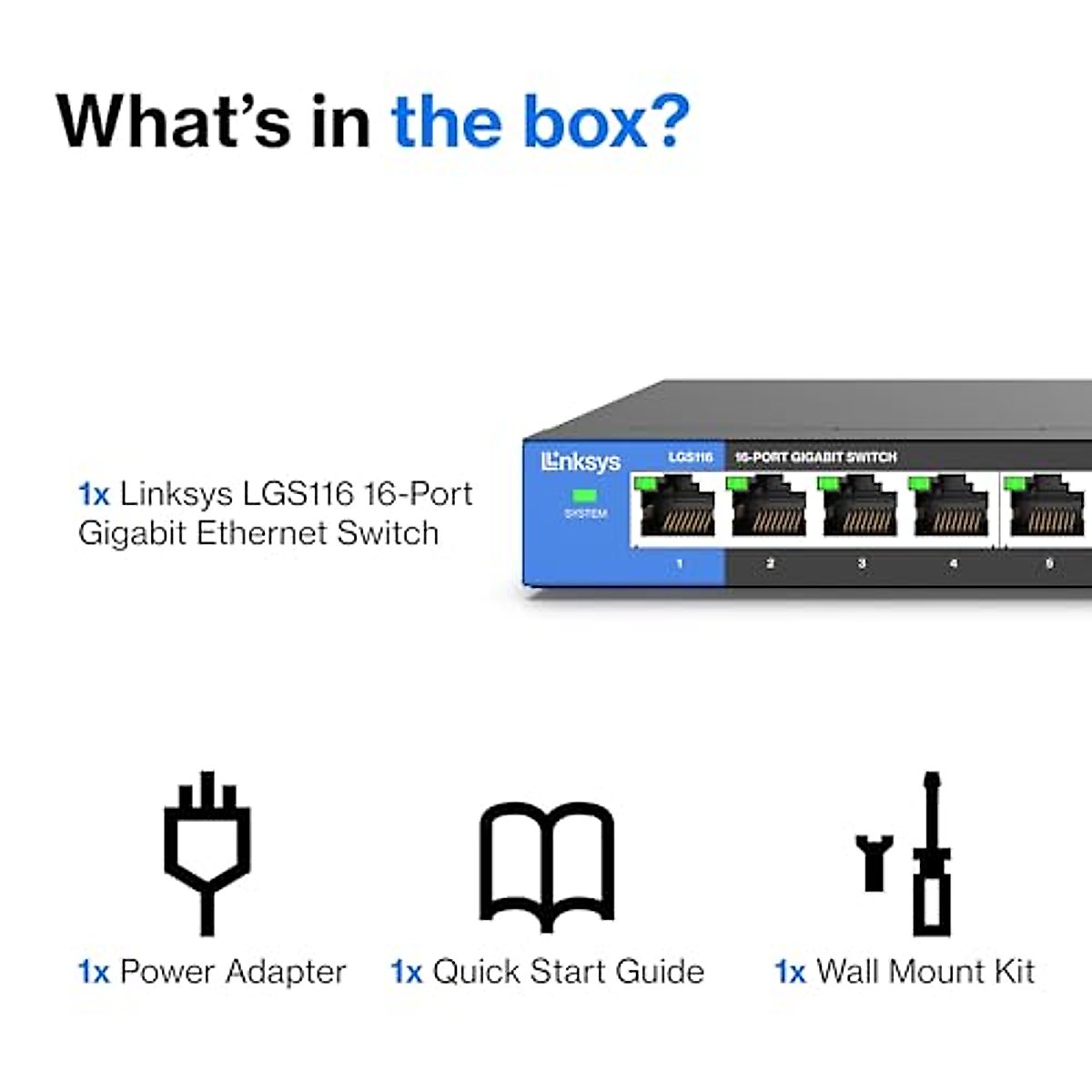 Linksys LGS116 16 Port Gigabit Unmanaged Network Switch - Home / Office Ethernet Switch Hub with Metal Housing - Wall Mount or Desktop Ethernet Splitter, Easy Plug & Play Connection