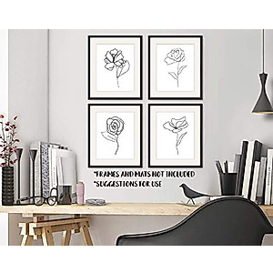 Black and White Wall Art - Flower Line Drawings - Botanical Prints - Abstract Pictures - Set of 4-11x14 - Unframed (11x14)