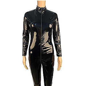 BERMEL Women's Bodysuit Shiny Patent Black PVC Leather CatSuit Full Body Sexy Latex Tight Zipper Jumpsuit Rubber Clothing (M)