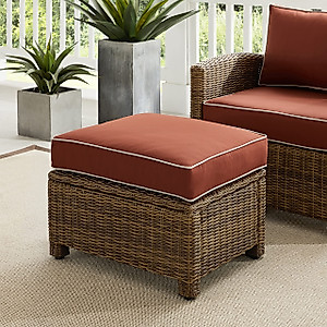 Crosley Furniture Bradenton Wicker Outdoor Ottoman Foot Rest for Patio, Deck, Porch, Brown with Sangria Cushions