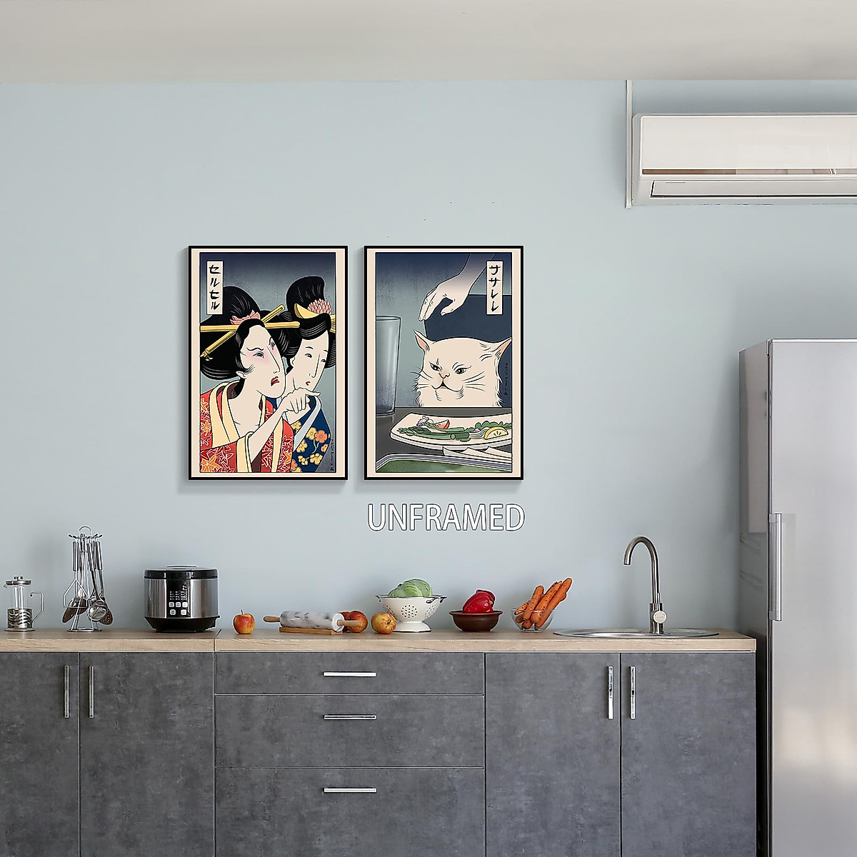 mifyuibytr Funny Japanese Cat Wall Art Set of 2-12x16in, Vintage Japanese Geisha Yelling at Cat Posters, Fun Asian Anime Cat Meme Prints Painting, Kitchen Wall Artwork Unframed