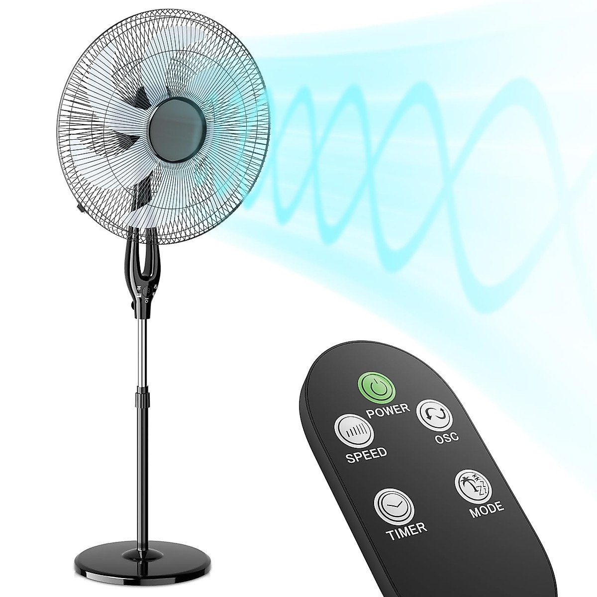 mollie Oscillating Pedestal Fan with Remote Control 12H Timer Portable Adjustable Height 6 Blades Quiet Air Circulator Standing Floor Fan for Bedroom Home Black