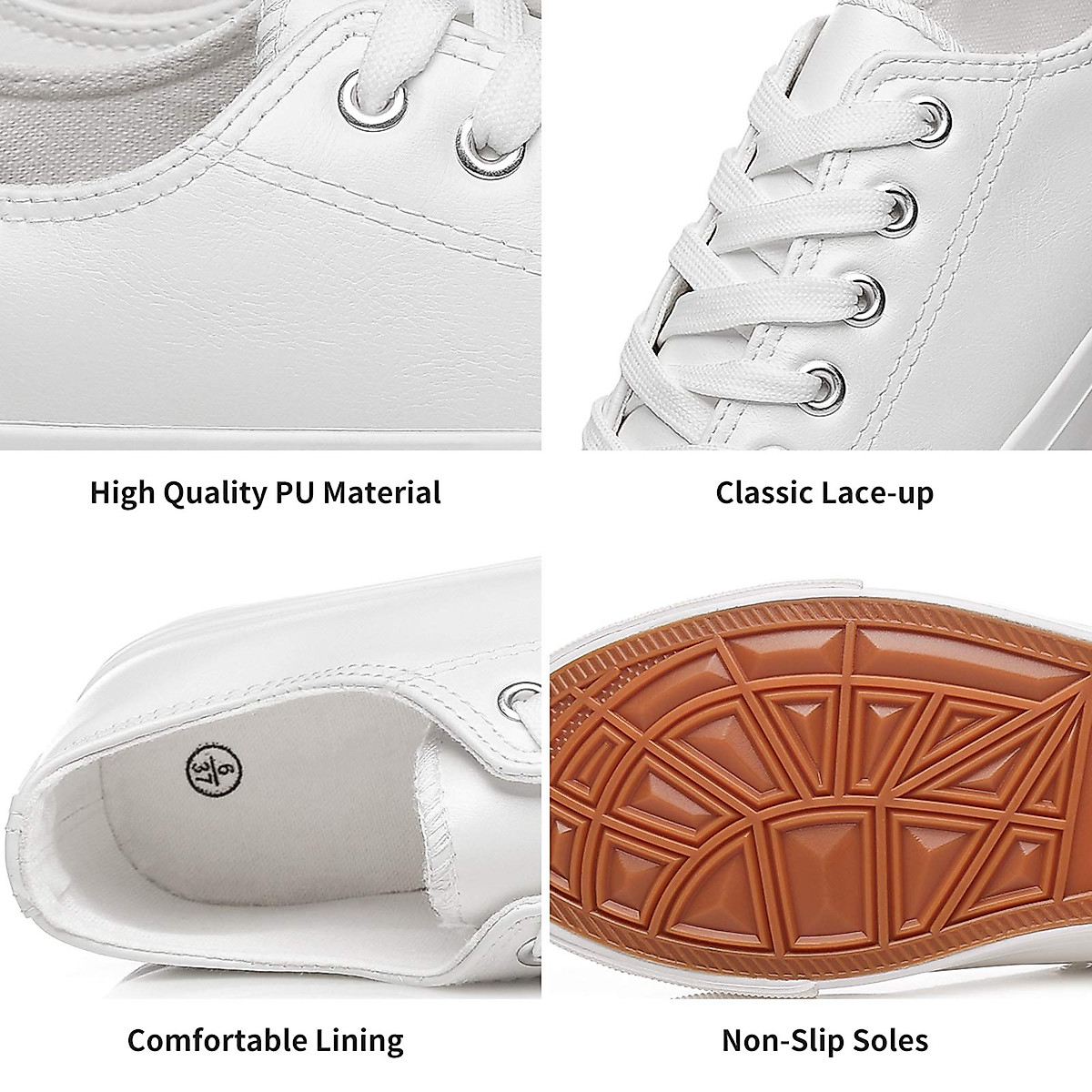 Waluzs Women's White PU Leather Sneakers Low Top Tennis Shoes Lace up Casual Sneakers Walking Shoes, US11