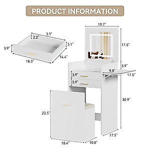 ARTETHYS Small Vanity Desk Set with Flip-top Mirror and Lights White Integrated Makeup Table for Small Space Compact Mini Dressing Table with Fold-up Panel and Storage Chair for Bedroom