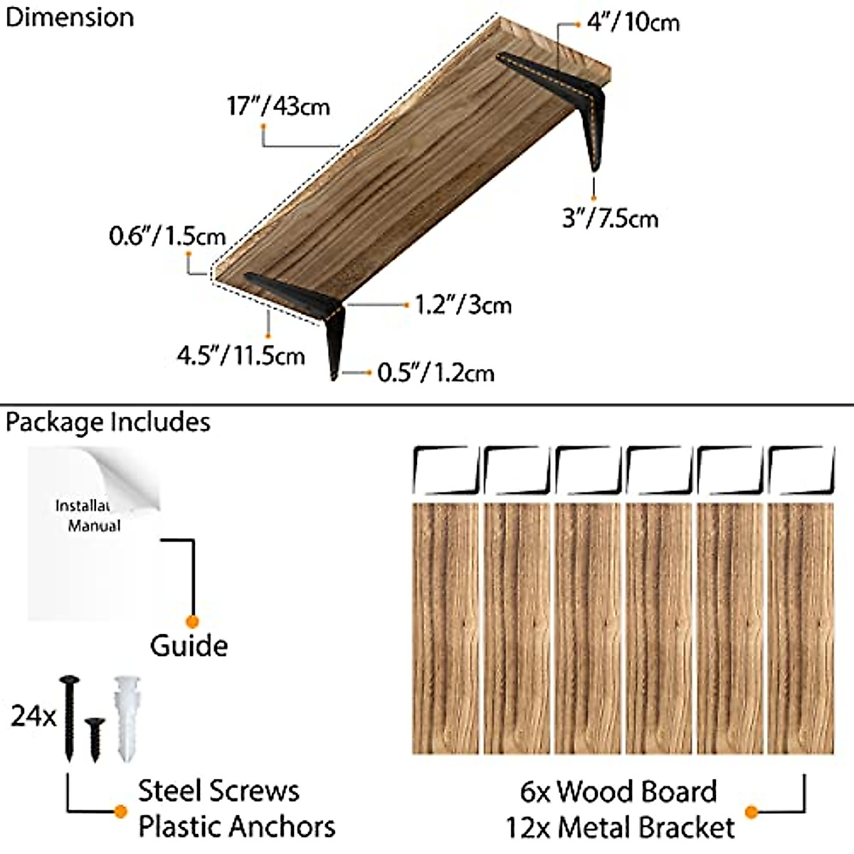 Wallniture Arras Floating Shelves for Wall, Wood Wall Shelves for Bedroom Decor, Burned Set of 6