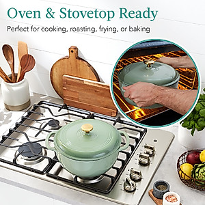 Best Choice Products 6 Quart Enamel Cast-Iron Round Dutch Oven, Family Style Heavy-Duty Pre-Seasoned Cookware for Home, Kitchen, Dining Room, Oven Safe w/Lid, Dual Handles - Sage Green